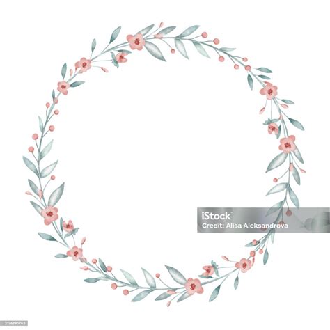 파스텔 핑크색의 꽃 화환 꽃과 녹색 파란색 잎은 인사말 카드 또는 초대장을 위한 것입니다 엽서 템플릿에 대 한 수채화 그림입니다 고립 된 배경에 원형 프레임 그리기 0명에