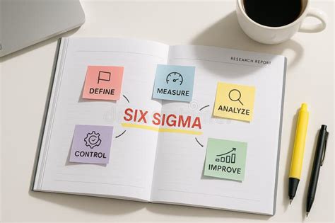 Open Notebook With Six Sigma Process Steps Written On Colorful Sticky Notes With Coffee And Pens