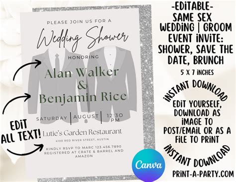 Editable Same Sex Wedding Event Invite Grooms Shower Brunch Save