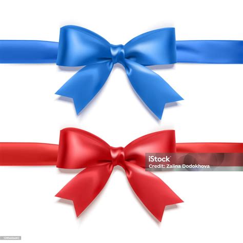 엽서 홀리데이 박스 등의 장식을위한 빨간색과 파란색의 현실적인 활 세트 흰색 배경에 장식 활 벡터 일러스트 공단에 대한 스톡 벡터 아트 및 기타 이미지 Istock