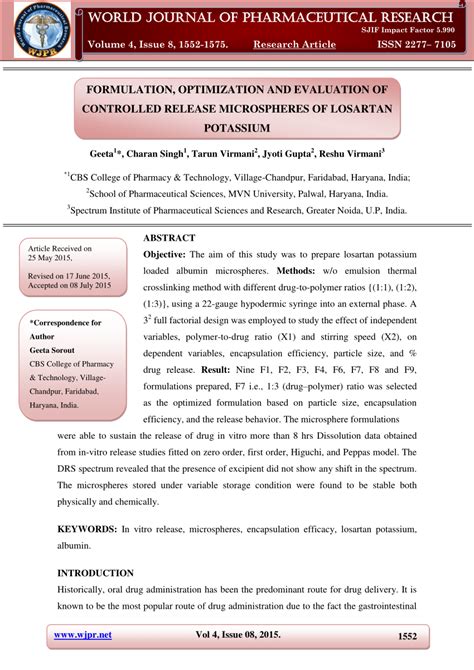 Pdf Formulation Optimization And Evaluation Of Controlled Release Microspheres Of Losartan