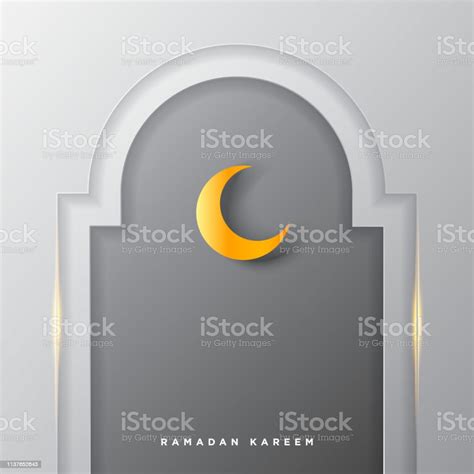 아트 페이퍼 컷 스타일 반짝이는 달과 아랍어 붓글씨 텍스트와 라마단 카림 벡터 인사말 배너 배경을 위한 이슬람 모스크 문 크리