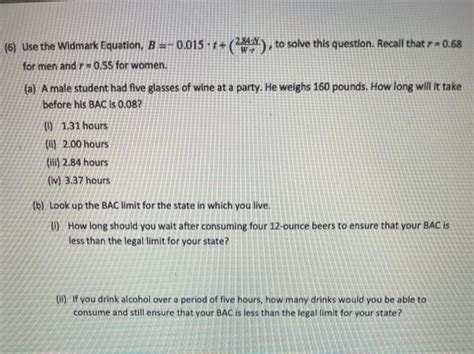 Solved 6 Use The Widmark Equation B 00151 To