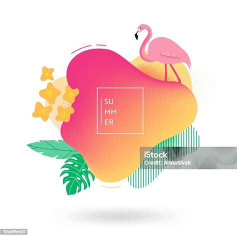 여름 배너 템플릿입니다 계절 디자인에 대 한 꽃 플라밍고 새 트로픽 유체 버블 카드 브로셔 프로 모션 배지와 열 대 액체 기하학적 모양 배경 벡터 일러스트 0명에 대한 스톡