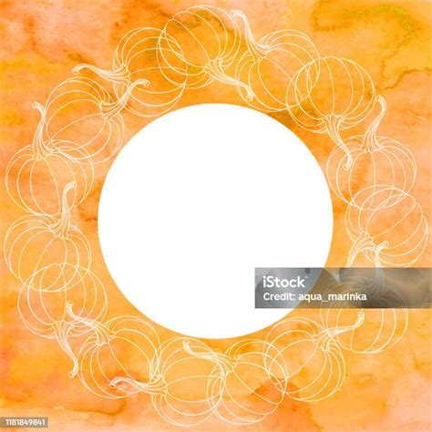 주황색 수채화 배경에 호박이 있는 원형 프레임입니다 텍스트 에 대한 장소가있는 벡터 그림입니다 초대장 인사말 카드 또는 디자인의 요소로 적합합니다 수채화에 대한 스톡 벡터