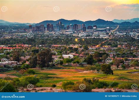 Phoenix Arizona Skyline At Sunset Stock Image Image Of Modern