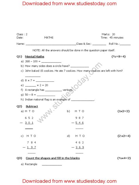 Cbse Class 2 Maths Question Paper Set A Pdf Geometric Shapes Elementary Geometry