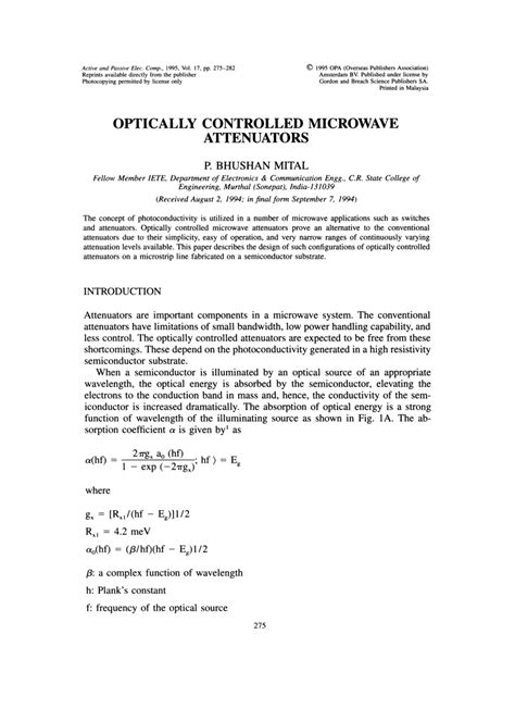 Pdf Optically Controlled Microwave Attenuators