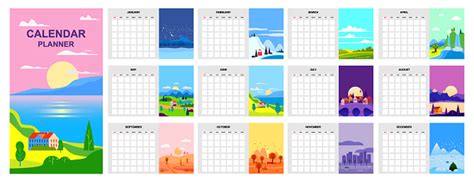 캘린더 플래너 미니멀한 풍경 은 사계절 템플릿의 자연 배경 겨울 봄 여름 가을 일기 사업을 위한 월간 주는 일요일에 시작됩니다 벡터 플랫 스타일 격리 수첩에 대한 스톡 벡터