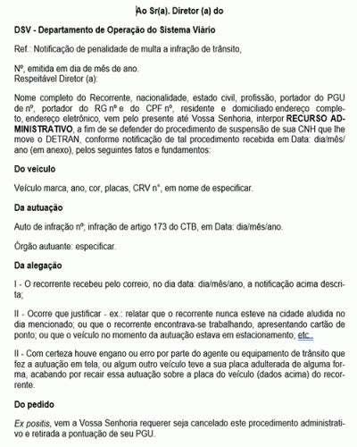 Exemplo De Petição Recurso Infração De Trânsito Suspensão Da Cnh