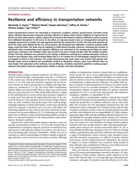 Pdf Resilience And Efficiency In Transportation Networks