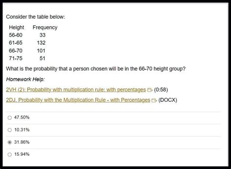 Solved Consider The Table Below Height Frequency 56 60 33 61 65 132