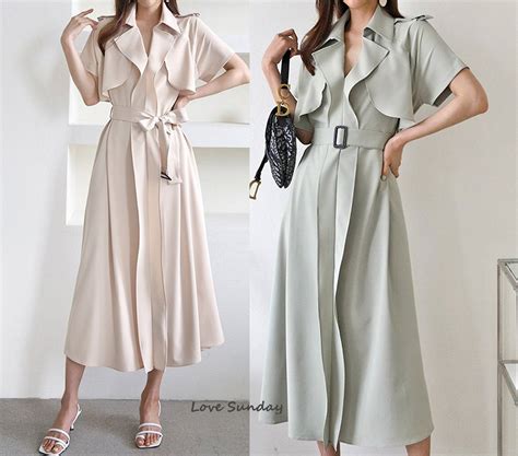 당일배송벨티드 트렌치 롱 원피스 여성 오피스룩 하객룩 반팔 바바리 정장원피스