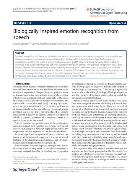 Pdf Biologically Inspired Emotion Recognition From Speech