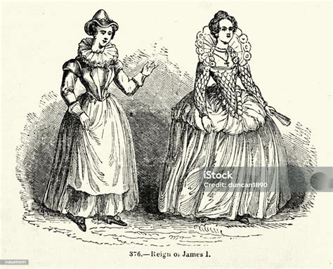 패션의 역사 17 세기 영국의 제임스 1 세 통치 시대의 여성 의상 17세기에 대한 스톡 벡터 아트 및 기타 이미지 17세기 17세기 스타일 고풍스런 Istock