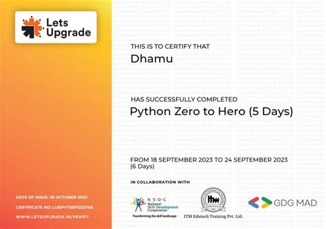 🎉 Thrilled To Share That Ive Completed My Python Course With Lets Upgrade Dhamu E Posted On