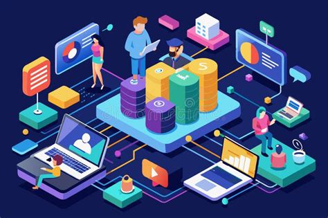 A Colorful Isometric Illustration Depicting People Using Laptops And Other Devices Connected By