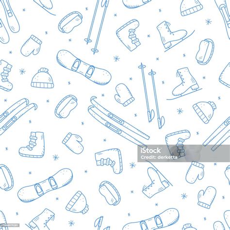 겨울 활동적인 스포츠 막대기로 스키 활강 스키 스노우 보드 아이스 스케이트 겨울 의류의 원활한 낙서 패턴 요소 12월에 대한 스톡 벡터 아트 및 기타 이미지 Istock