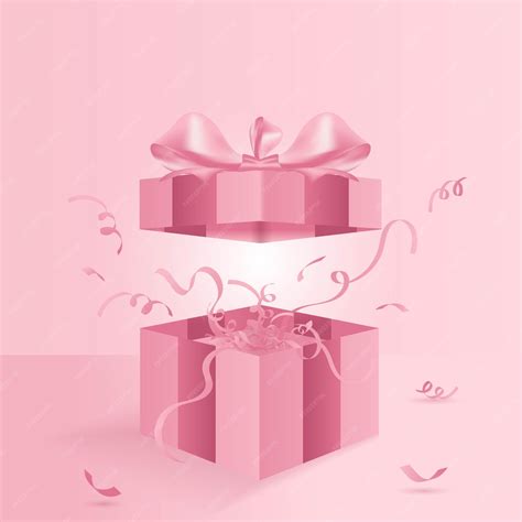 리본 스프링클로 가득 찬 폭발하는 분홍색 선물 상자가 ⁇ 터 분홍색 배경 상자 밖으로 나옵니다 프리미엄 벡터