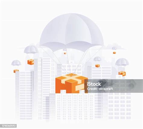 도시 풍경에 떨어지는 낙하산에 배달 상자 패키지 배달 서비스 개념입니다 벡터 일러스트레이션 개념에 대한 스톡 벡터 아트 및 기타 이미지 Istock
