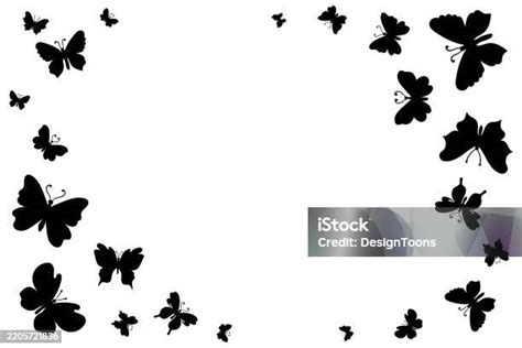 우아한 비행 나비 실루엣 테두리는 흰색 배경에 고립되어 있습니다 배너 인쇄 디자인 포장 포스터를 위한 무작위로 흩어져 있는 나비 실루엣 0명에 대한 스톡 벡터 아트 및 기타