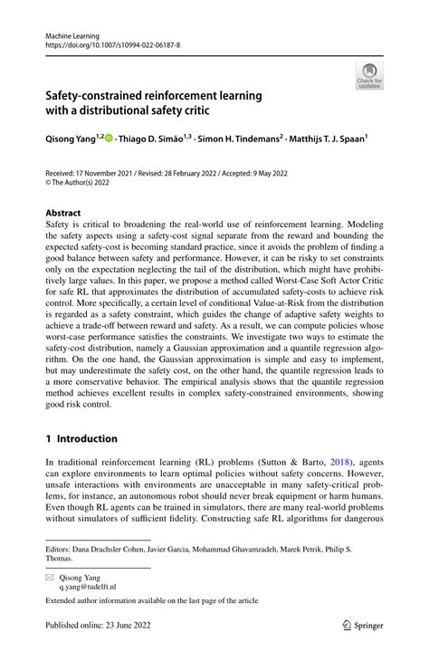 Pdf Safety Constrained Reinforcement Learning With A Distributional Safety Critic
