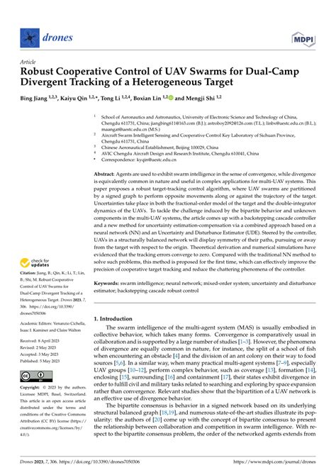 Pdf Robust Cooperative Control Of Uav Swarms For Dual Camp Divergent Tracking Of A