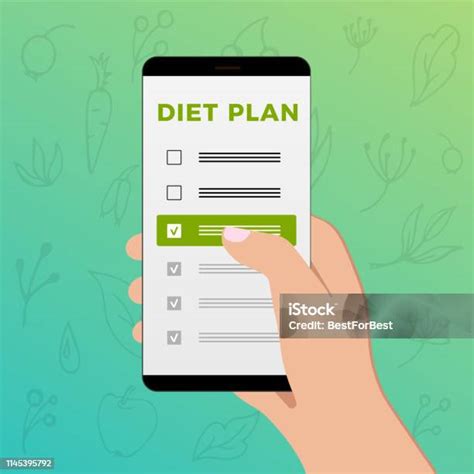 젊은 여자의 손에 다이어트 계획을 가진 휴대 전화 건강 하 고 천연 제품 및 식물과 부드러운 배경으로 스마트 폰 화면에 체크 리스트 0명에 대한 스톡 벡터 아트 및 기타