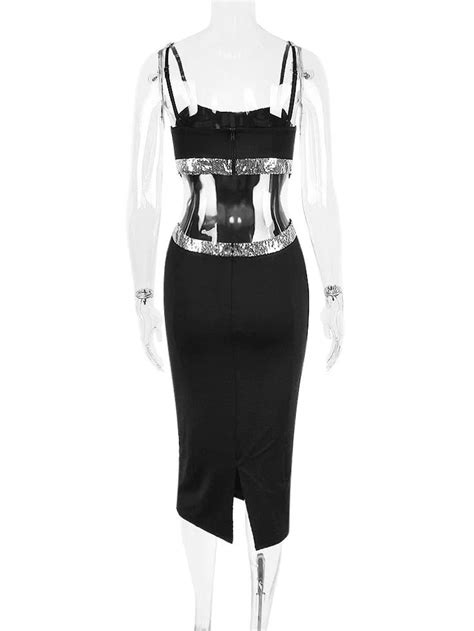 Sequin Side Hollow Strap Black Midi Dress Black Midi Dress Classic Midi Dress Midi Dress