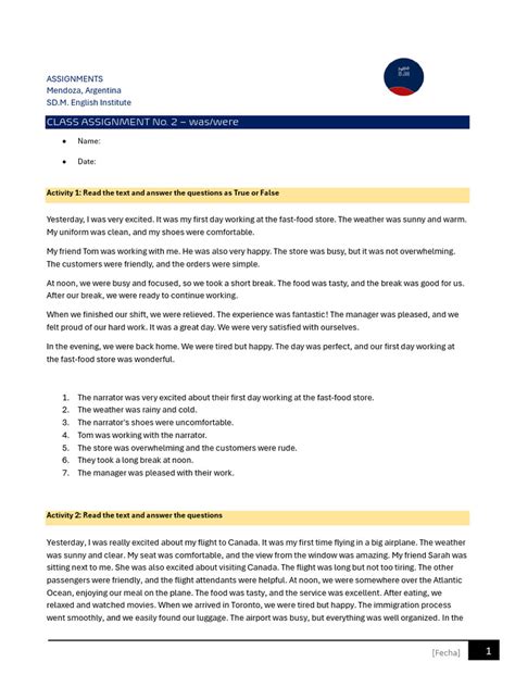 Class Assignment No 2 Was Were Pdf