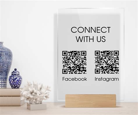 Connect With Us Sign QR Code Social Media Acrylic Sign With Wooden Block Custom Signs Table