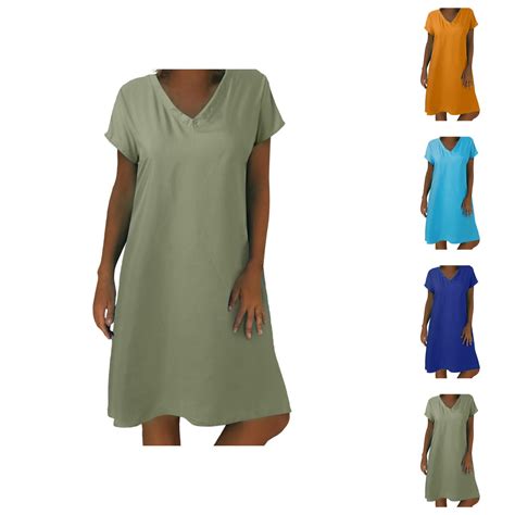 Tshirt Dress Women Summer Short Sleeve V Neck Loose Fit Cotton A Line