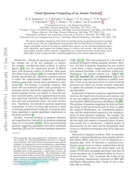 Cloud Quantum Computing Of An Atomic Nucleus 180103897v1 Pdf Quantum Computing Physics