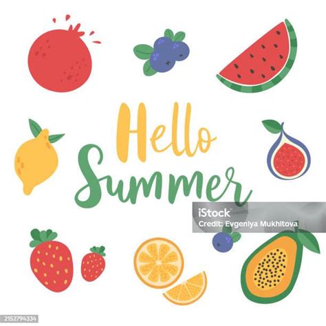 안녕하세요 여름 벡터 일러스트 레이 션입니다 과일과 열매로 손으로 그린 글자 0명에 대한 스톡 벡터 아트 및 기타 이미지 0