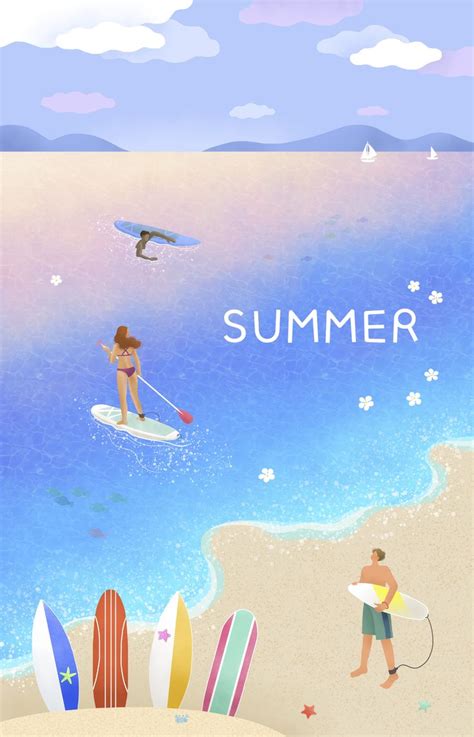 감성 구름 남자 노 바다 배 교통수단 백그라운드 비키니 사람 서핑보드 세명 수영 수영복 여름 여유 여자 일러스트 파도 풍경 경치 하늘 해변 해수욕장 휴가 힐링