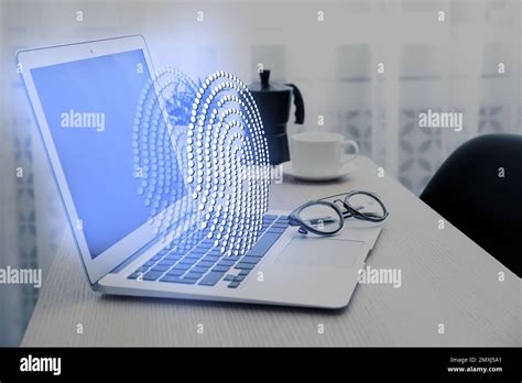 Fingerprint Identification Modern Laptop On Table Indoors Stock Photo Alamy