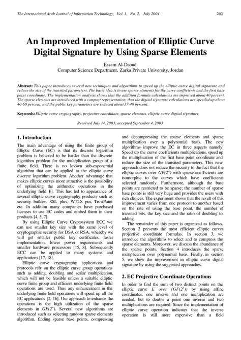 pdf an improved implementation of elliptic curve digital signature by using sparse elements