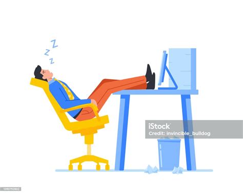 피곤한 과로한 노동자 사무실 책상에 누워있는 다리로 비즈니스 캐릭터가 자고 있습니다 관리자 소진으로 인한 작업 연기 Brand