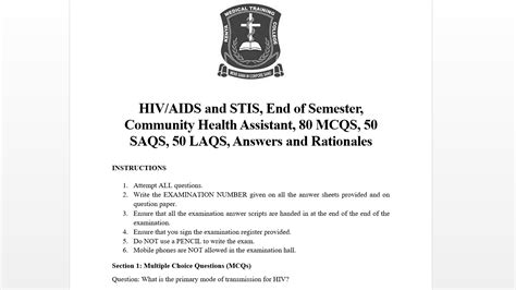 Hivaids And Stis End Of Semester Community Health Assistant 80 Mcqs