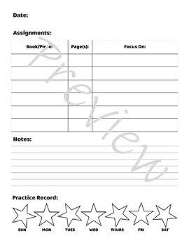 Piano Lesson Assignment Sheet Daily Practice Chart Notes Blank