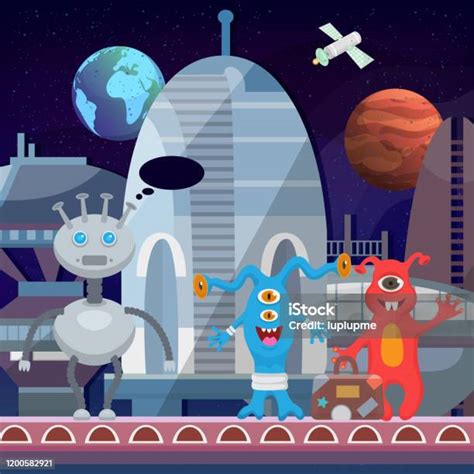 우주 정거장 우주선 벡터 일러스트에서 외계인 만화 행복 괴물 귀여운 괴물 환영 재미있는 캐릭터 아이 할로윈 카드 포스터 디자인 귀여운에 대한 스톡 벡터 아트 및 기타 이미지