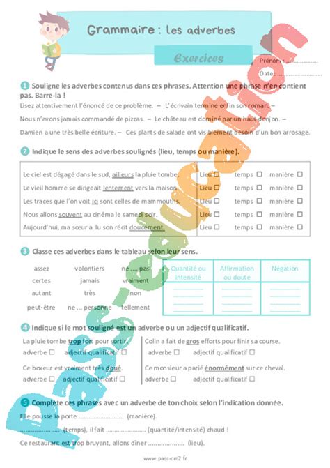 Les Adverbes Exercices De Grammaire Pour Le Cm2 Cycle 3 Pdf à Imprimer