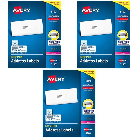 Avery 5160 Easy Peel Address Labels White 1 X 2 58 Inch 3000 Count
