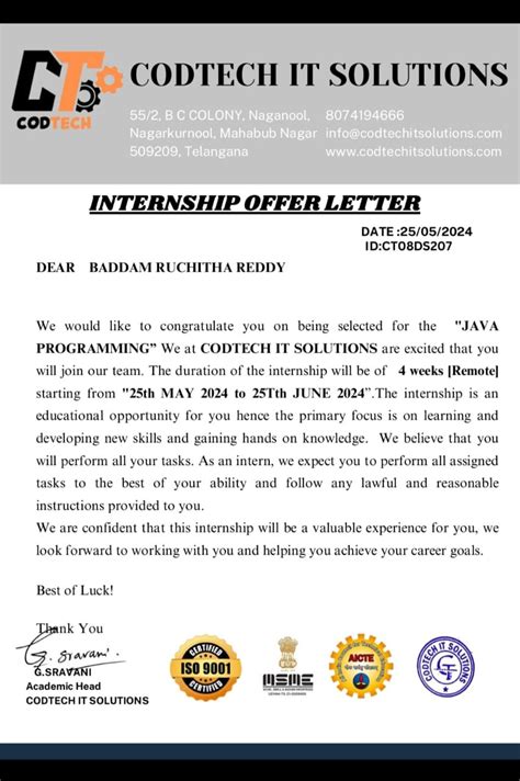 Ruchitha Reddy Baddam On Linkedin Java Intership