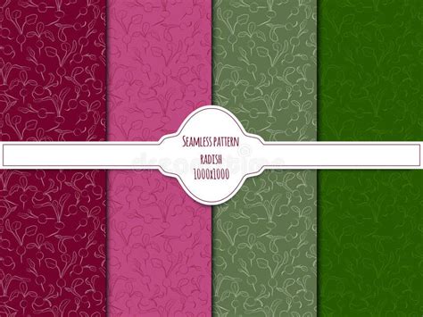 A Set Of Seamless Patterns Of Radishes Line Drawing Linear Outline Only 1000x1000 Vector