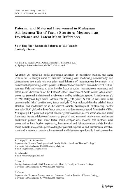 Pdf Paternal And Maternal Involvement In Malaysian Adolescents Test Of Factor Structure
