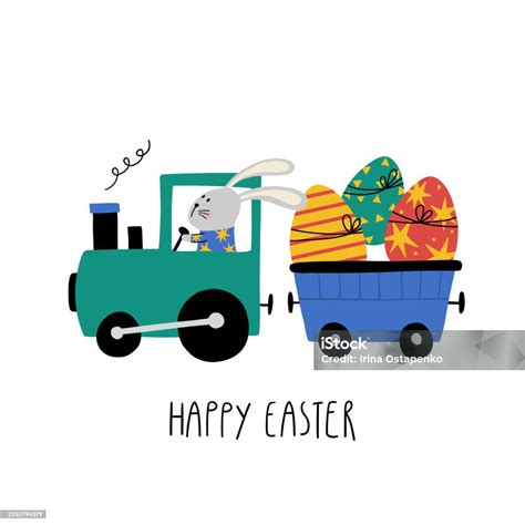 귀여운 토끼 운전 기차 부활절 달걀 레터링 행복한 부활절 그림과 부활절 그림 플랫 스타일의 봄 만화 인쇄 부활절 휴일 카드 및 초대장에 대 한 자식 스타일의 벡터 디자인 0