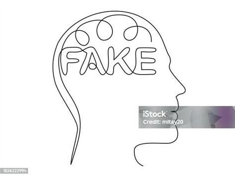 흰색 배경에 선 그리기로 남자의 머리와 단어 가짜의 연속적인 한 줄 그리기 벡터 개념에 대한 스톡 벡터 아트 및 기타 이미지 개념 기업 재무와 산업 단순함 Istock