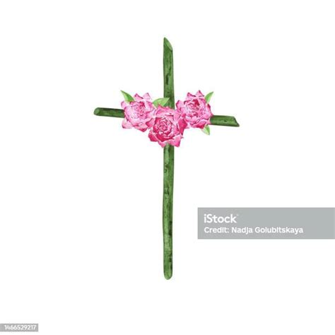 흰색 배경에 고립된 종교적 십자가 수채화 나무 막대기 기독교 십자가는 분홍색 장미로 장식되어 있습니다 첫 번째 공동체와 부활절을위한 손으로 그린 가톨릭 또는 정교회 상징 0