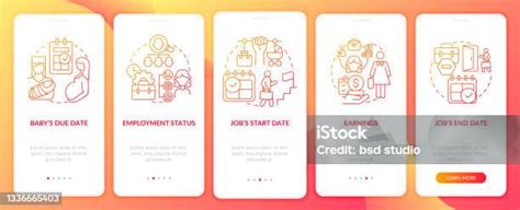 출산 급여 요구 사항 계산 빨간 그라데이션 온보딩 모바일 앱 페이지 화면 Brand Name Smart Phone에 대한 스톡
